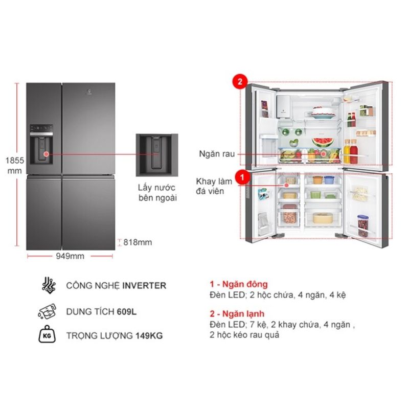 Tủ Lạnh 4 Cánh Multi Doors Inverter 609 Lít Electrolux EQE6879A-B